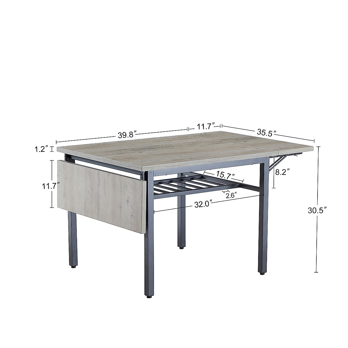 DiMorture Folding Dining Table Bar Table, 39.8-63.2 inch Extendable Kitchen Table, Modern Industrial Dining Room Table with Storage Shelf for Dining Room Kitchen, Grey