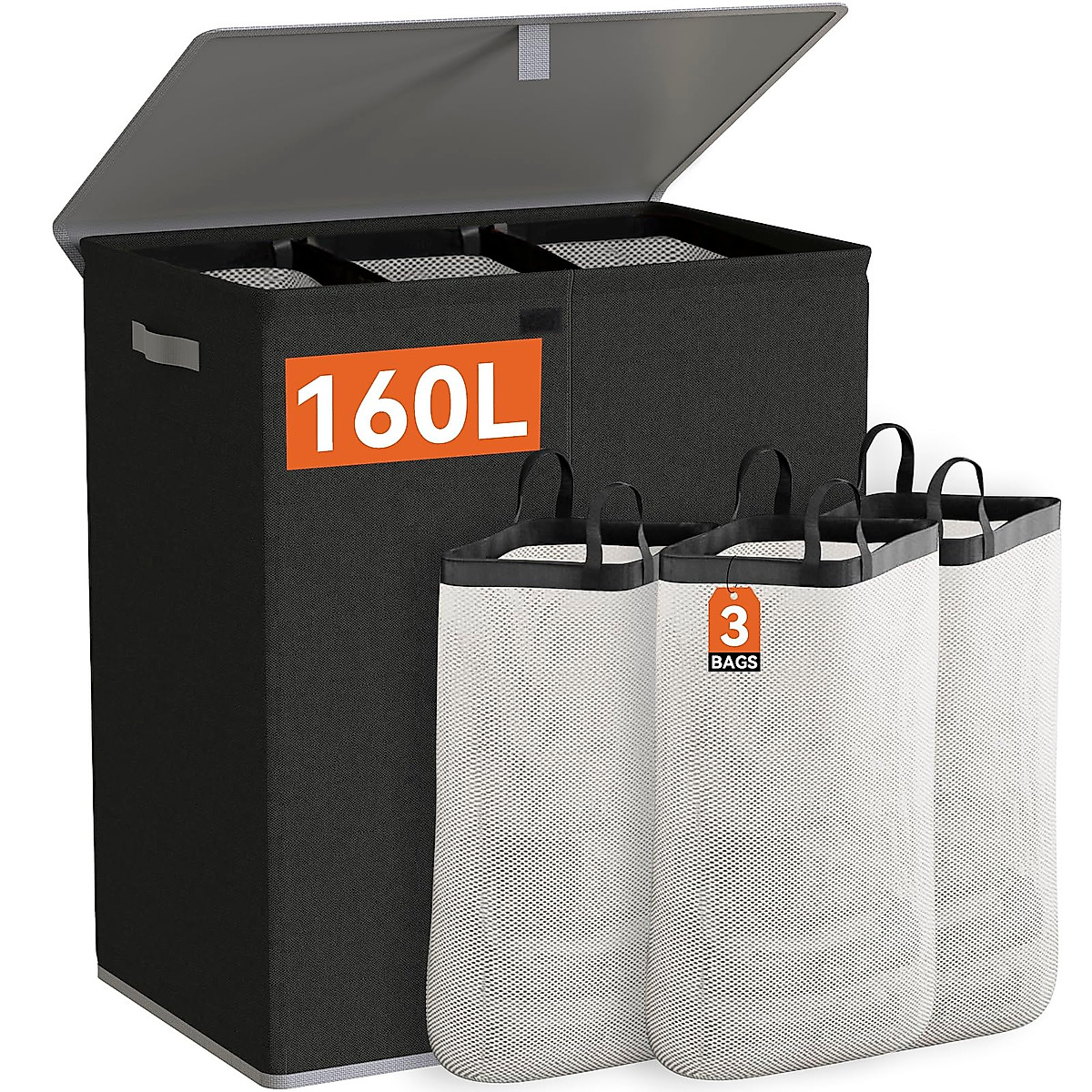 WOWLIVE Laundry Hamper with Lid,160L Large Laundry Basket 3 Section with Removable Washing Bags,Collapsible Waterproof Dirty Clothes Hamper for Laundry Room Bathroom Dorm,Black