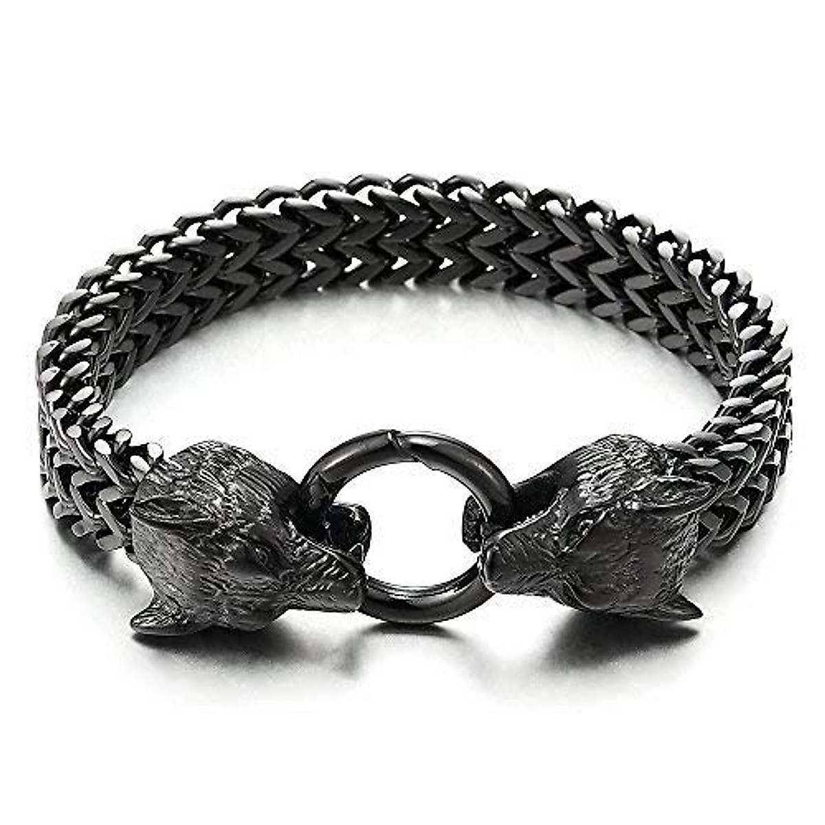 COOLSTEELANDBEYOND Mens Black Wolf Head Steel Franco Link Curb Chain Bracelet with Spring Ring Clasp 8.86 Inch