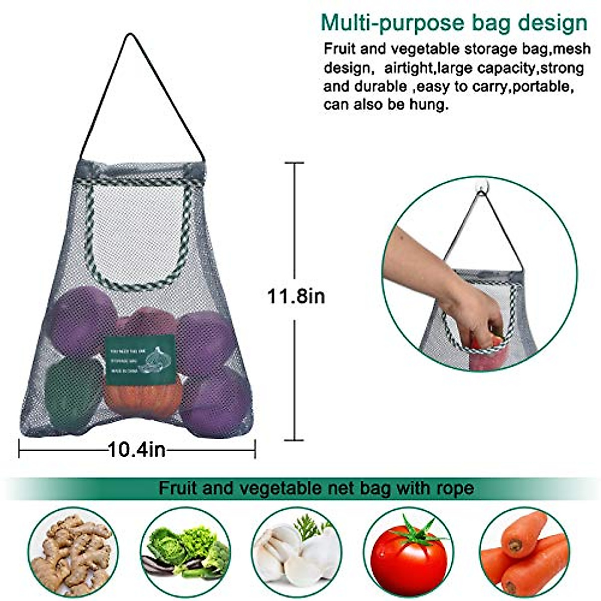 3PCS Reusable Mesh Bag, Portable Produce Bags, Washable Hanging Storage Bags, Organizer Shopping Handbag for Fruit, Garlics, Onions, Potatoes