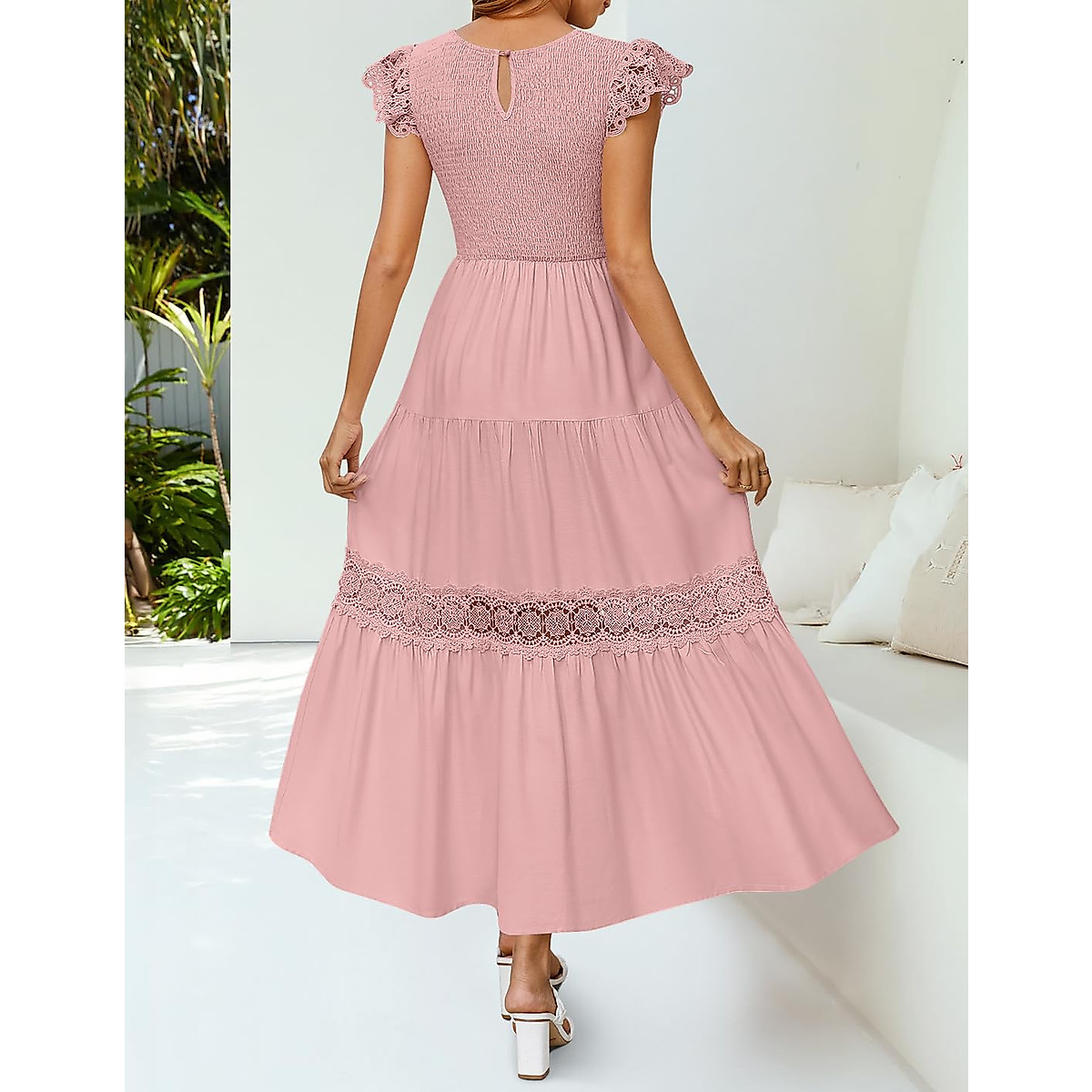 ZESICA Women's Casual Crew Neck Flutter Sleeve Smocked High Waist Hollow Out Lace Trim Tiered A Line Midi Dress,DarkPink,Small