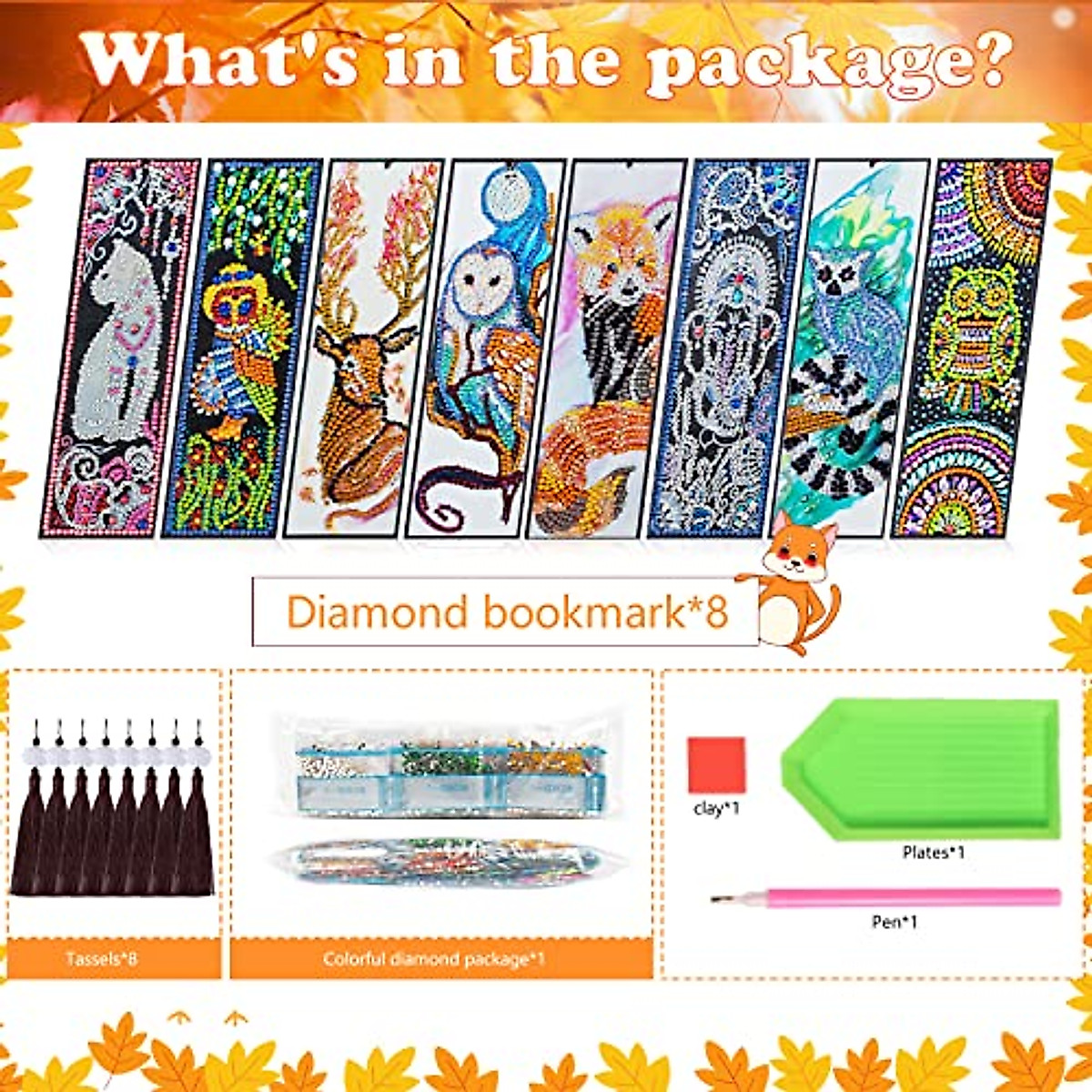 8 Pack Animal Diamond Painting Bookmark Gift Collection，5D Diamond Painting Kit Cartoon Animal Special Crystal Diamond Painting Bookmark DIY Leather Art Tassel Bookmark
