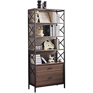 Redlife Bookshelf with Drawers, 4-Tier Industrial Bookcase, 74" Tall Bookcase, Rustic Bookshelves with Drawers, Wooden Farmhouse Bookshelf with Storage for Bedroom, Living Room