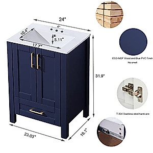 Popity home 24 Inch Bathroom Vanity with Sink,Blue Bathroom Sink Cabinet,Small Bath Vanity with White Three Hole Ceramic Sink, Gold Handle Bathroom Vanity