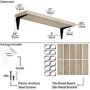 Wallniture Arras Floating Shelves for Wall Decor,17"x4.5" Bookshelf for Living Room Decor, Kitchen Organization, Hallway & Office Wall Shelves Natural Finish Set of 10