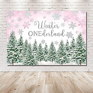 MEHOFOND 7x5ft Winter Onederland Backdrop for Girls First Birthday Pink Silver Glitter Snowflake Photography Background Pine Trees Happy 1st Birthday Party Banner Decorations Photo Booth Props