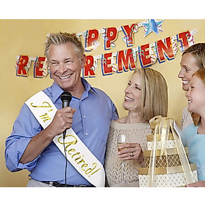 Classic I’m Retired! Sash – Gold Foil Retirement Sash for Women and Men & Large Safety Pin. Great for Retirement Party, Events and Decorations by JPACO (White)