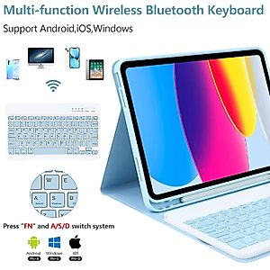 BAMCOO for iPad 10th Generation Case with Keyboard 10.9 2022, Keyboard Case for iPad with Detachable Wireless Keyboard, Rechargeable Keyboard Case with Pencil Holder for iPad 10th (Blue)