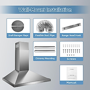 Zomagas 24 Inch Range Hood, Wall Mount Vent Hood in Stainless Steel with Ducted/Ductless Convertible Duct, 3 Speed Exhaust Fan, Energy Saving LED Light, Push Button Control, 2 Pcs Baffle Filters