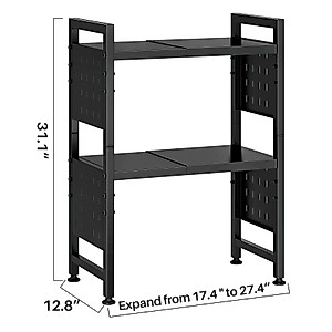 Expandable Microwave Stand, Heavy Duty 3-Tier Adjustable Microwave Oven Rack Shelf with 8 Hooks & 2 Holders, Space-saving Kitchen Counter Shelf for kitchen organizers and storage, 200lbs Capacity