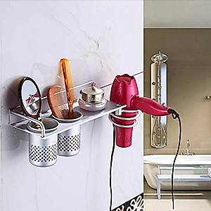Cavoli Hair Blow Dryer Holder Wall Mounted,Space Aluminum, Nail Free Glue/ Drilling Screw, Bathroom Hanging Rack Organizer with 2 Cups