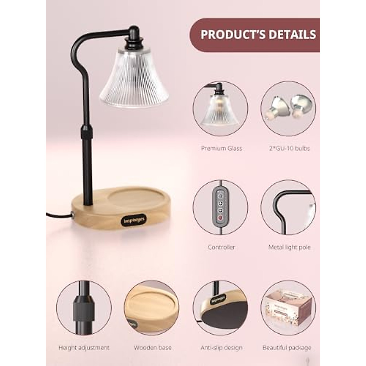 Inspireyes Candle Warmer Lamp, Electric Candle Warmer with Timer Dimmer, Height Adjustable Wax Melter Warmer for Jar Candles Scented Wax, House Warming Gifts New Home Decor, Gift for Mom, Flameless