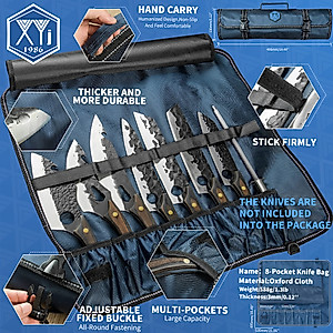 Authentic XYJ Since 1986,Chef Knife Bag With Shoulder Strap,8 Slots Roll Bag,Travel Camping Storage Carry Case,Oxford Cloth Portable Pockets Bag Holds Kitchen Knives Tools Set (XYJ Blue)
