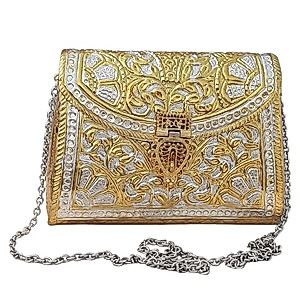 Trend Overseas Golden Metal bridal bag Brass Metal Clutch Sling Bag Ethnic Antique clutch, Golden