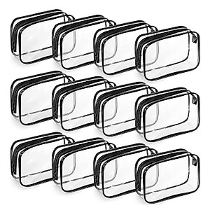 12 Pieces Clear Cosmetics Bag PVC Zippered Clear Toiletry Carry Pouch Portable Cosmetic Makeup Bag Waterproof Makeup Bag Vinyl Plastic Organizer Case for Vacation Bathroom (Black,Large)