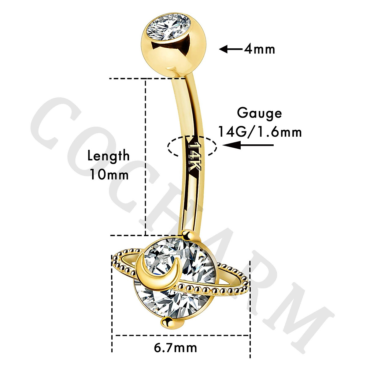 COCHARM 14k Gold Belly Button Rings 14G Saturn Yellow Gold Belly Rings for Women Dainty Belly Piercing Jewelry