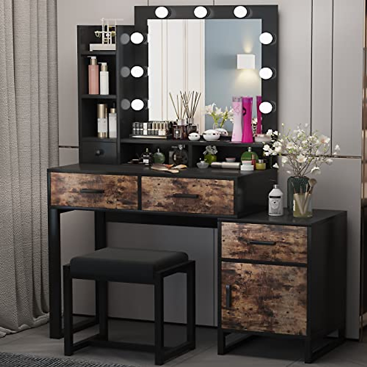 PAKASEPT Makeup Desk with Mirror and Lights, Desk and Chair, Vanity Table Set with Cushioned Stool, Shelves & Drawers, Storage Cabinet for Bedroom, Brown