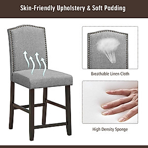COSTWAY Bar Stools Set of 2, 25'' Upholstered Counter Height Bar Stools with S-Shaped Spring Thick Cushion, Rubber Wood Legs, High Back Leisure Chairs for Living, Kitchen, Dining Room (Grey, 2)
