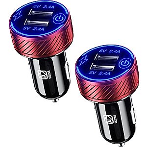【2Pack】 USB Car Charger, Dual USB Port Car Charger Adapter, 5V/4.8A Charge Car Phone Charger with Blue LED & Touch Switch Fit for iPhone 13/12 Pro/Max/8, Galaxy S21/20/10/9 (Red)