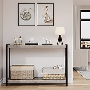 IDEALHOUSE Farmhouse Console Table, 40" Entryway Table with Storage, Slatted Style 2-Tier Sofa Table with Shelf, Grey Console Tables for Entryway, Living Room, Hallway, Foyer-Grey