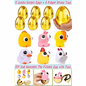 6 Pack Jumbo Golden Easter Eggs Fillers Eye-pop Fidget Toys, Easter Basket Stuffers Animals Easter Eggs with Toys Inside, Large Surprise Gold Egg for Kids Boys Girls Toddlers Easter Hunts Party Favors