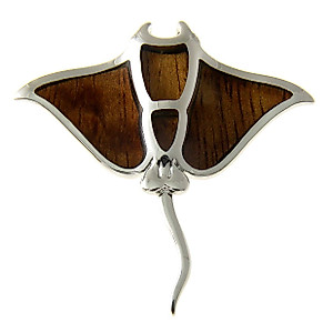 Arthur's Jewelry Koa Wood Hawaiian Manta Ray Fish Rhodium Silver Plated Brass Slide Pendant