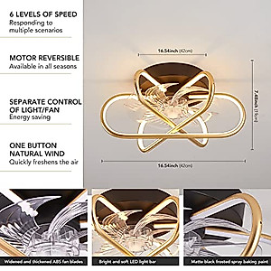 DADUL 16.5" Ceiling Fan with Lights Remote Control, Flush Mount Bladeless Ceiling Fan, 3 Color 6 Speeds Wind Low Profile Ceiling Fan with Light for Bedroom Living Room - Gold