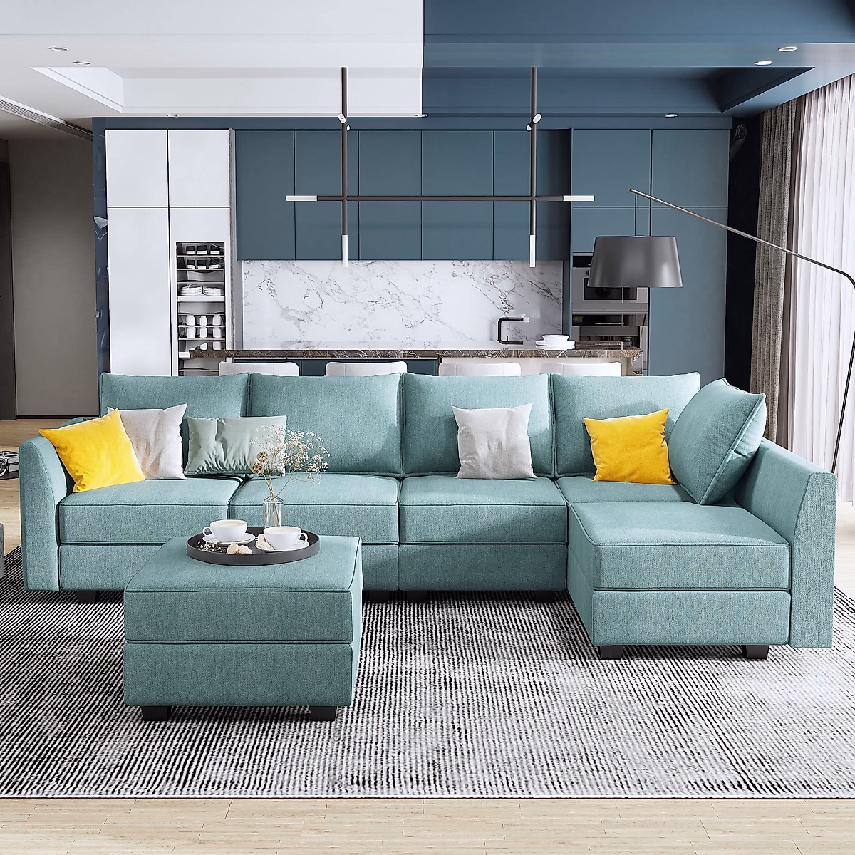 HONBAY Convertible Sectional Sofa with Ottman Set Modular Sectional Couch with Reversible Chaise L Shaped Modular Sofa with Storage Seats for Living Room, Aqua Blue