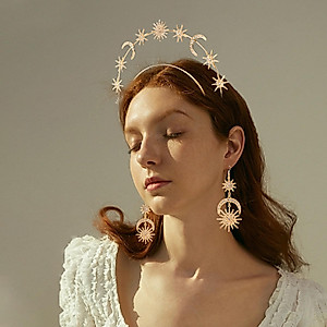 puwuto Halo Crown - Stars Crystal Goddess HeadBand with Earrings Mary Metal Halo Headpiece Celestial Crowns Tiaras for Women Bridal Wedding Costume Cosplay Party Goddess Accessories - Gold, Metal,