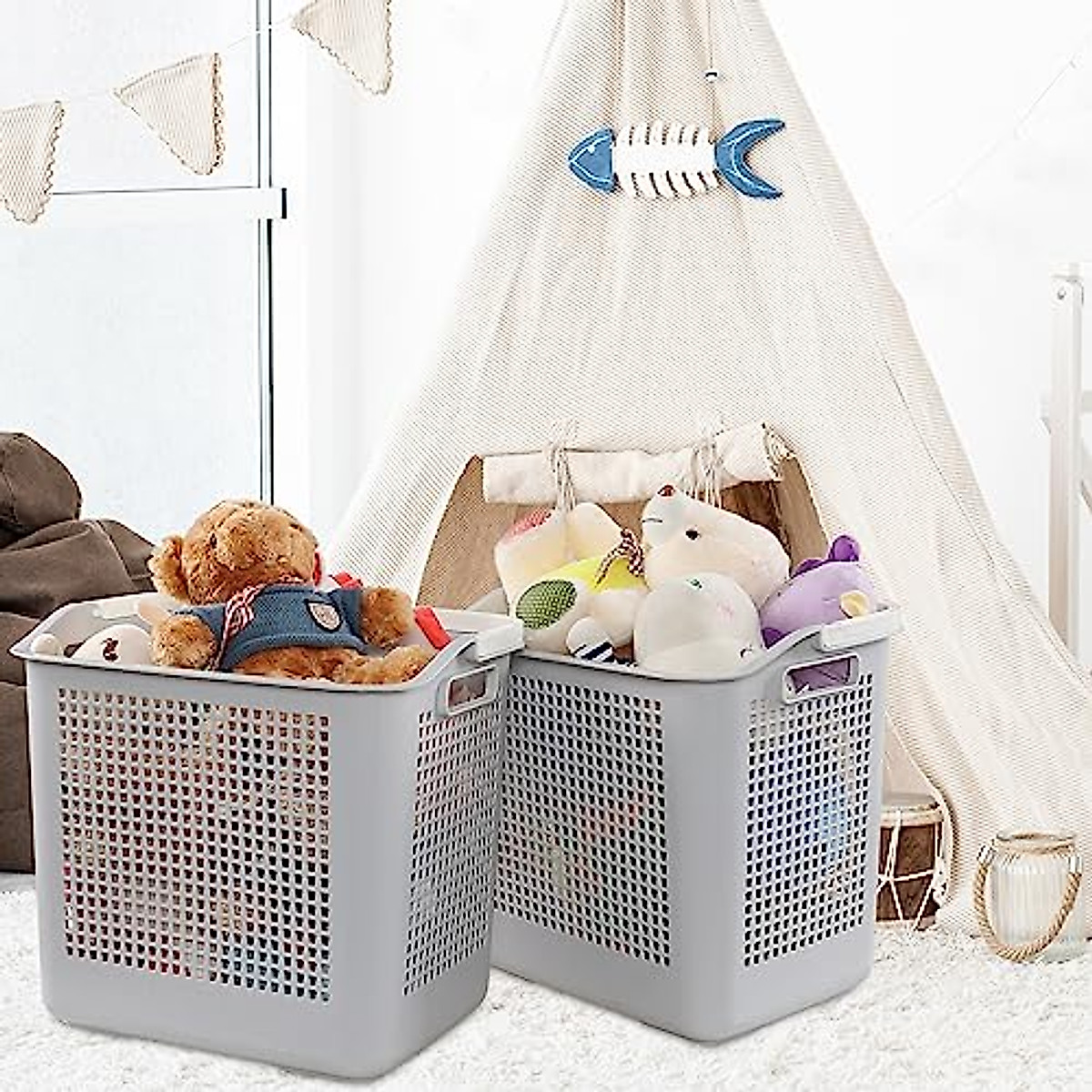 Saedy 4 Pack Large Dirty Clothes Basket, 35 L Plastic Laundry Hamper with Handle, Gray