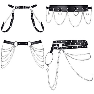 Janmercy 4 Pcs Punk Black Waist Chain Belt Black Leather Belly Chains for Women Goth Waist Belt Body Punk Layered Belt Punk Rock Jewelry Accessories for Gothic Rave Party Halloween Party