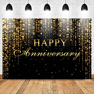 Mocsicka Black and Gold Happy Anniversary Backdrop Gold Glitter Bokeh Spot Wedding Anniversary Bridal Shower Party Decorations Cheers to Wedding Miss to Mrs Photography Background (Gold, 7x5ft)