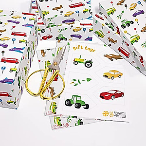 CENTRAL 23 Boys Birthday Wrapping Paper - 6 Sheets of Gift Wrap - Car Rocket Airplane Tractor Gifts - For Birthday Baby Shower - Recyclable