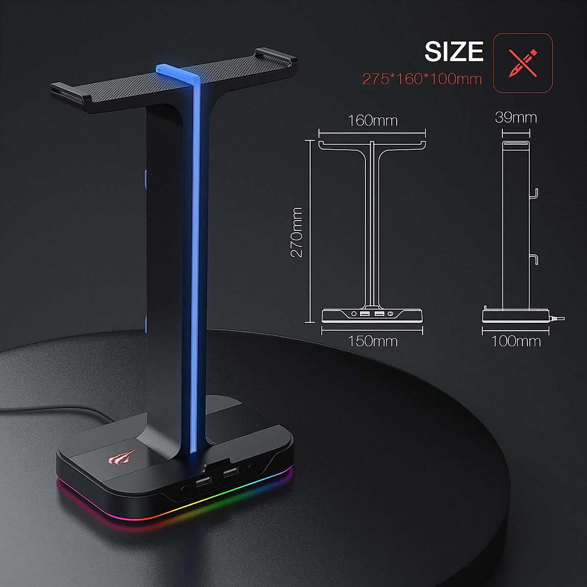 Havit RGB Gaming Headset and Headphone Stand 2 in 1 Set, Desk Dual Headset Hanger Base with Phone Holder & 2 USB Port, Gaming Headphone with Mic for Desktop PC Game PS4 PS5 Xbox