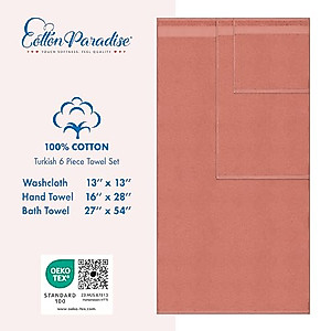 Cotton Paradise 6 Piece Towel Set, 100% Cotton Soft Absorbent Turkish Towels for Bathroom, 2 Bath Towels 2 Hand Towels 2 Washcloths, Coral Towel Set