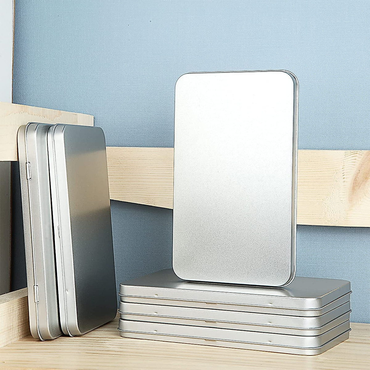 DAJAVE 6 Pack Metal Rectangular Hinged Tin Box Container, Sliver Tin Empty Box with Lid, Mini Tin Containers for Watercolor, Jewelry, Makeup, Candy, Craft Organize(4.2x7x0.6 Inch)