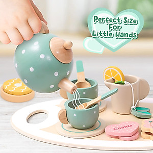 Atoylink Wooden Tea Party Set for Little Girls 28 Pcs Toddler Tea Set with Cupcake Stand & Food Pretend Play Accessories Kids Kitchen Playset Wooden Toys for 2 3 4 5 6 Year Old Girl Birthday Gift