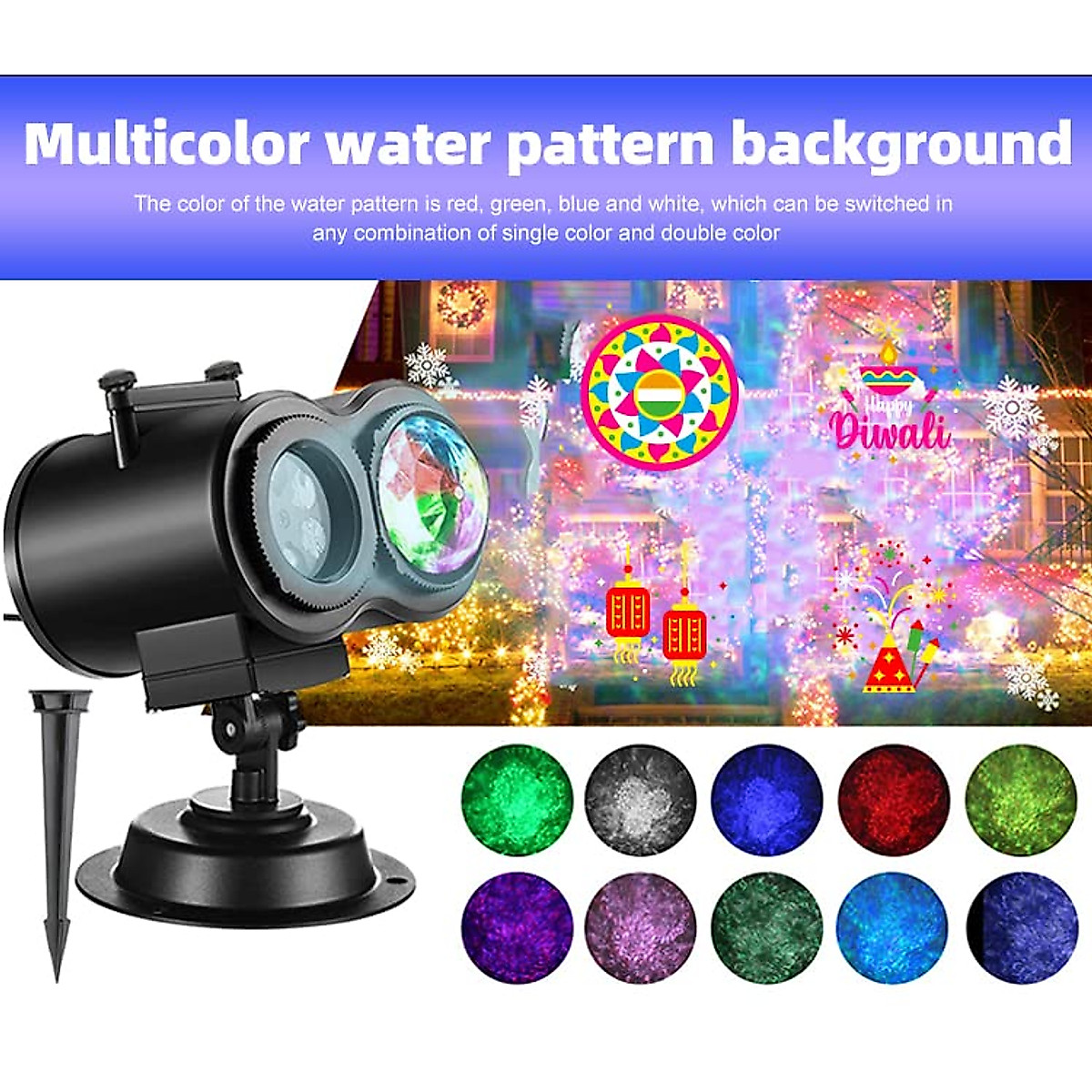 Holiday Halloween Valentine Party Christmas Diwali Projector Light (Indoor Outdoor Waterproof), 16 Slides (4 Pictures Each), 10 Wave Effects, Remote Control (Power Timer Speed Flash), 3 Mounting Ways