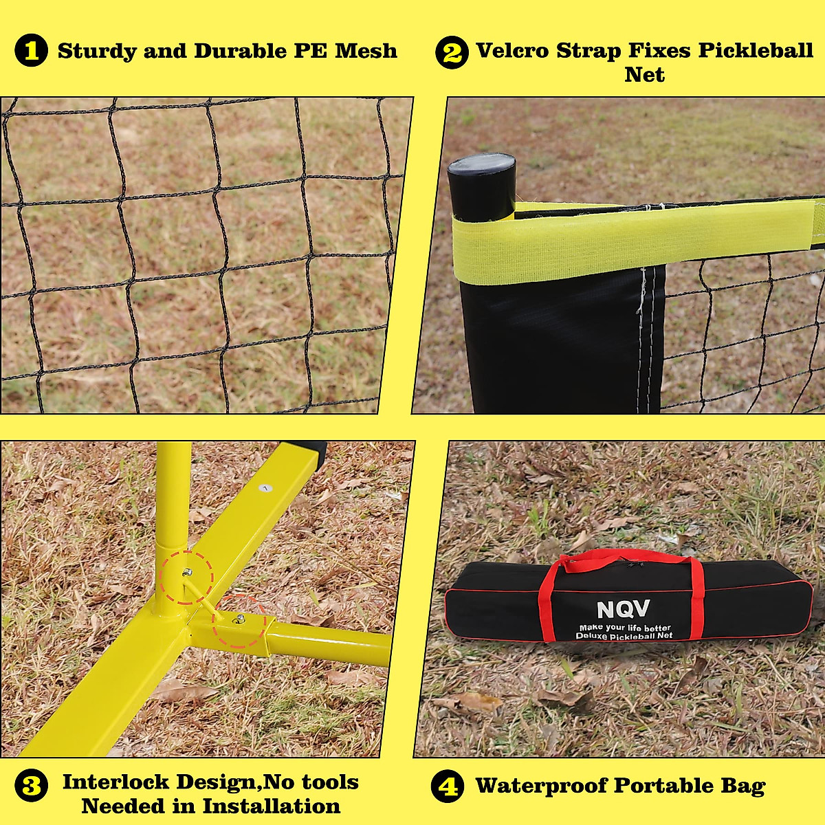 NQV Pickleball Set with Net, Pickleball Net Portable Outdoor Indoor Regulation Size Full Court Size 22ft+4 Wood Pickleball Paddles+4 Pickleballs+4 Pickle ball Retrievers+2 Chalks