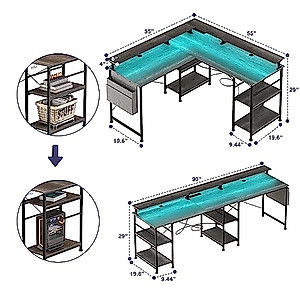 Tbfit L Shaped Desk, Reversible Corner Computer Desk with Power Outlet and LED Strip, Gaming Computer Desk with Monitor Stand and Storage Shelf, 2 Person Long Writing Study Table, Grey