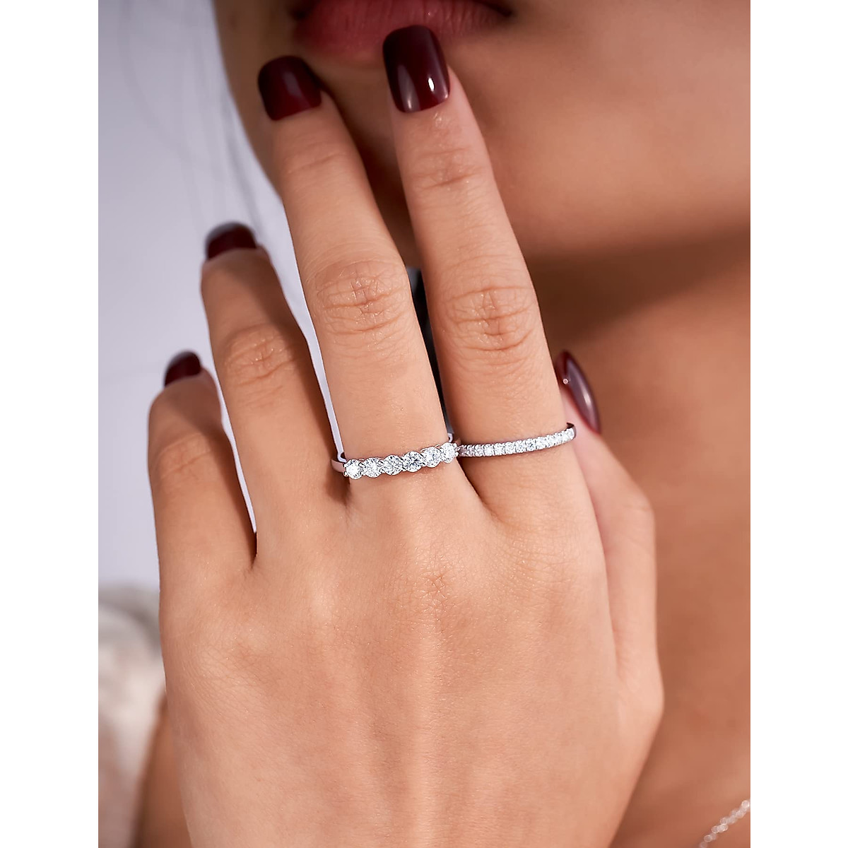 IMOLOVE 6 Stones Moissanite Eternity Band Ring for Women, Sterling Silver with 14K White Gold Plated, Size 4-11, Ideal Gift for Valentine's Day, Engagement, Wedding, Anniversary