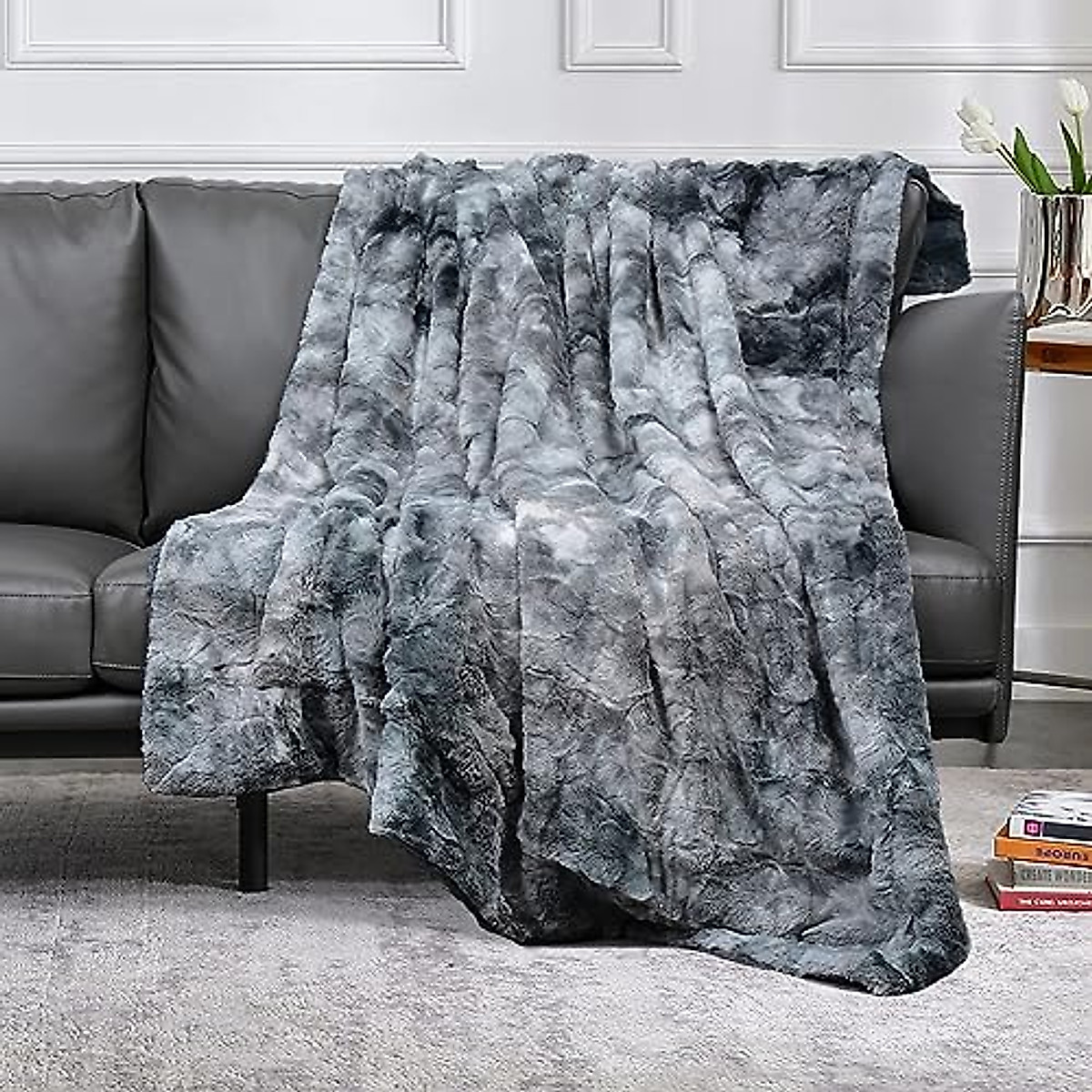 Soft Faux Fur Throw Blanket, Double Sided Luxury Plush Blankets 60" x 80" for Adults, Cozy Fluffy Plush Warm Throw Blanket for Couch Bed Sofa, Marbled Dark Gray