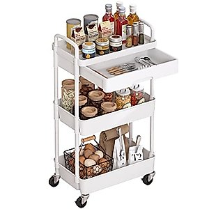 Dttwacoyh 3-Tier Rolling Cart，Trolley with Drawer, Multifunctional Storage Organizer with Plastic Shelf & Metal Wheels, Kitchen Storage Cart for Living Room, Kitchen, Office, Bathroom, White