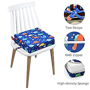 Toddler Booster Seat for Dining Double Straps Washable Portable Thick Chair Increasing Cushion for Baby Kids (Dinosaur Blue)