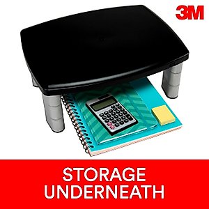 3M Adjustable Monitor Stand Riser, Three Leg Segments Simply Adjust Height, Sturdy Platform Holds Up to 80 lbs for Monitors, Laptops, and Printers, Space for Storage Underneath, Silver/Black (MS80B)