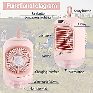 3 IN 1 Portable Air Conditioners, Air Conditioner Portable for Room Sprayable Misting Humidification Cooling Fan, 3600mAh USB Rechargeable, 3-Speed, Desk Fan with LED Display for Office, Home (Pink)