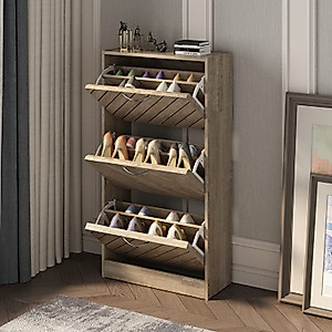 Hitow Shoe Storage Cabinet, Narrow Shoe Cabinet with 3 Drawers & Shutter Doors, Small Space Entryway Freestanding Shoe Rack with Adjustable Shelf, Natrual (22.4" W x 9.4" D x 42.3" H)