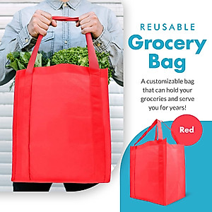 Simply Green Solutions - Reusable Grocery Bags, Wide Tote Bags with 20-Inch Reinforced Handle, Shopping Bags for Groceries, Reusable Gift Bags with Handles, 13 x 15 x 10, Pack of 10, Red