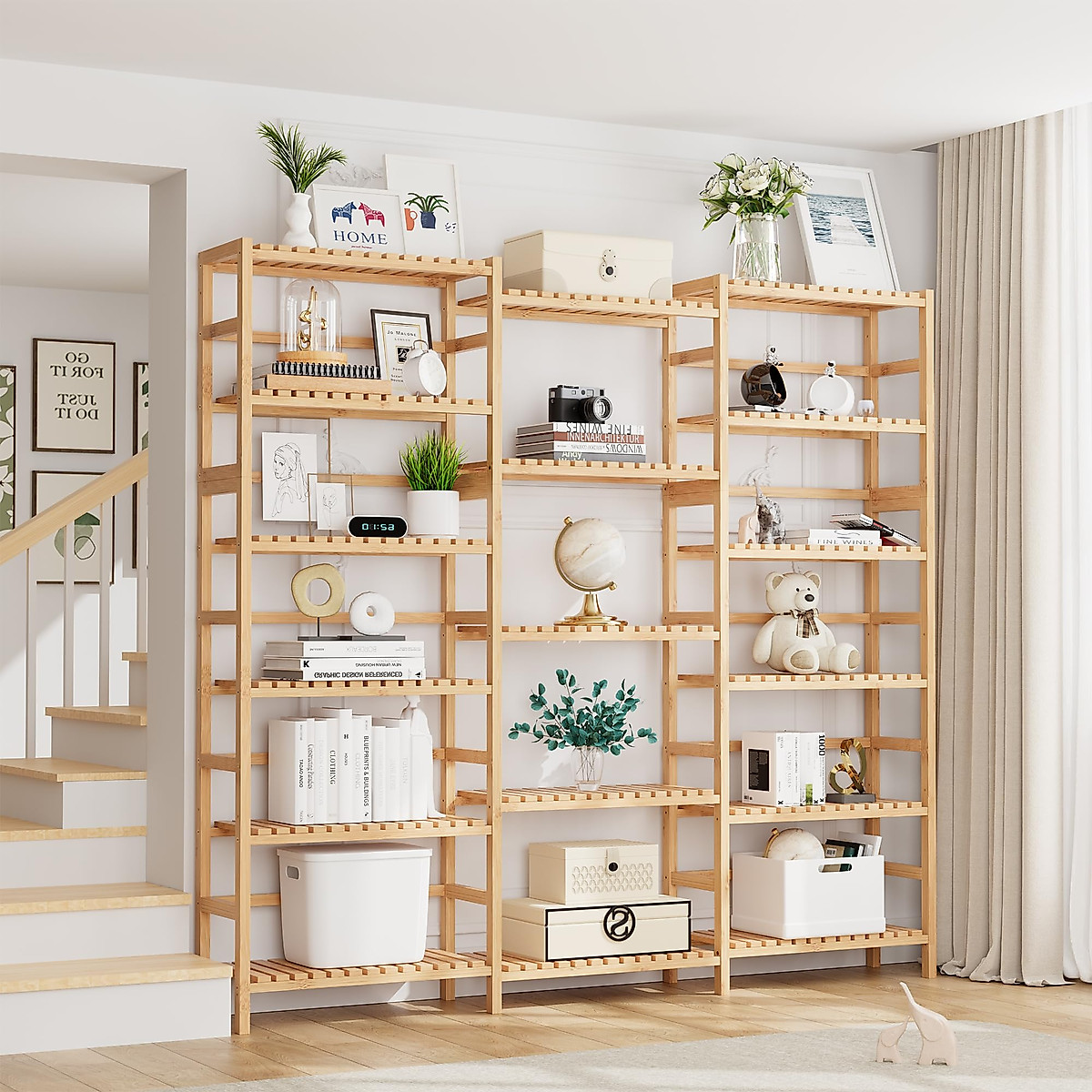 FOTOSOK Triple Wide 6-Tier Bookshelf and Bookcase,Large Freestanding Book Shelf with 17 Open Display Shelves, Tall Bookshelf Plant Flower Shelf Rack Storage Organizer Unit for Living Room, Natural