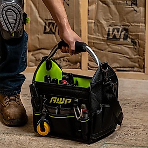 AWP 12 Inch Pro Tool Tote with Rotating Handle for Easy Tool Access, Water-Resistant Construction, Black/Green